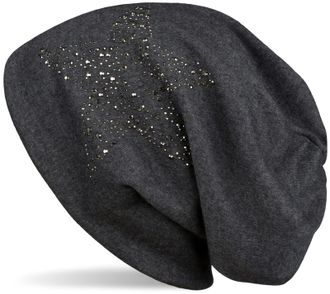 styleBREAKER Damen Slouch Beanie Mütze mit Strass Stern | Glitzer Longbeanie aus weicher Viskose | One Size für Erwachsene, Farbe:Anthrazit meliert