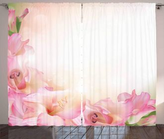 Abakuhaus Pink und Weiß Rustikaler Gardine, Verträumte Orchidee, Schlafzimmer Kräuselband Vorhang mit Schlaufen und Haken, 280 x 245 cm, Pfirsich Grün Rosa
