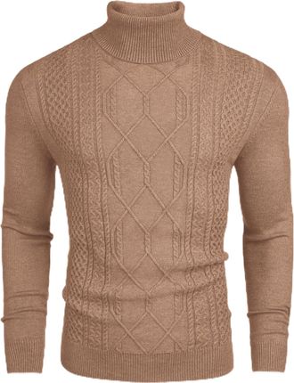 Coofandy Rollkragenpullover Herren Pullover Winter Strickpullover Slim Fit Zopfmuster Herrenpullover Langarm Business Pulli Ohne Kapuze Beige XL