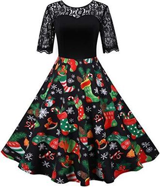 OLIPHEE Robe Noël Femme Fille Vintage Manches Mi-Longue Robe de Cocktail Soirée Dentelle(XL,Chaussettes de Noël)