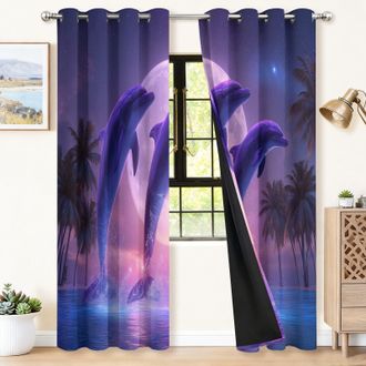 Generic Verdunkelungsvorhang Zeichentrick 3D Delfin Mond Wellen, Lila W&auml;rmeisolierte Blickdichte Vorh&auml;nge mit &Ouml;sen f&uuml;r Wohnzimmer Schlafzimmer, H 160 x B 70 c