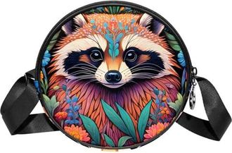 Generic Petit sac &agrave; bandouli&egrave;re circulaire pour femme, motif raton laveur avec fermeture &eacute;clair, bretelles r&eacute;glables, sac &agrave; main rond d&eacute;contract&eacute; pour femmes 
