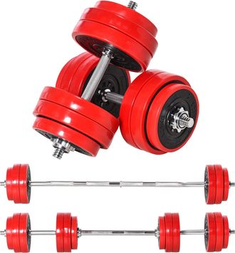 HOMCOM Hantelset 30 KGS 2-IN-1 Hanteln&Langhanteln verstellbar Gewichtheben f&uuml;r Zuhause Fitness Muskel Rot+Schwarz 21,5 x 21,5 x 3,8 cm