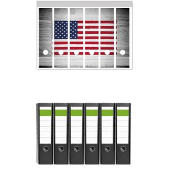 Wallario 6 St&uuml;ck breite Ordner inkl. Klebeetiketten mit Motiv USA Flagge auf Holz - Set mit R&uuml;ckenschildern/Ordnerr&uuml;cken Stickern