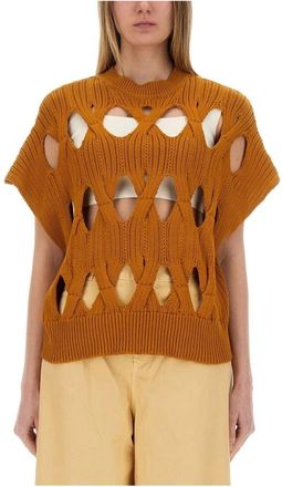 Alysi Femme, Pulls, Orange, Taille: 38 FR Pull sans manches en maille ajour&eacute;e