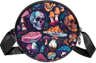 Generic Petit sac &agrave; bandouli&egrave;re circulaire pour femme, motif cr&acirc;nes, petit sac &agrave; dos &agrave; bandouli&egrave;re avec fermeture &eacute;clair, bretelles r&eacute;glables, sac &agrave; main rond