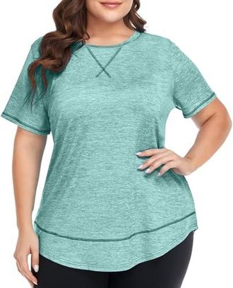 Generic T-shirt de sport &agrave; manches courtes pour femme - Grande taille - Coupe ample - Pour gym, yoga, fitness, Vert, 5XL