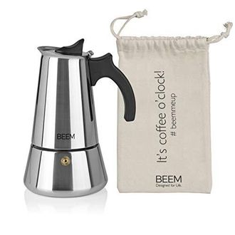 Beem ESPRESSOMAKER Espressokocher - 6 Tassen | Kaffeekocher | Induktion geeignet | Edelstahl | 200-300 ml Mokka | Camping Espressokanne | Plus Beutel