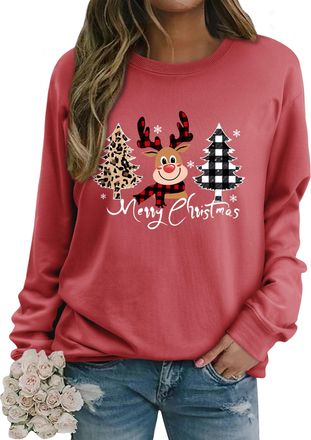 Dresswel Weihnachtspullover Damen Merry Christmas Sweatshirt Lustig Rudolph Rentier Druck Baumwolle Weihnachten Weihnachts Xmas Pullover Weihnachtspulli Teenag