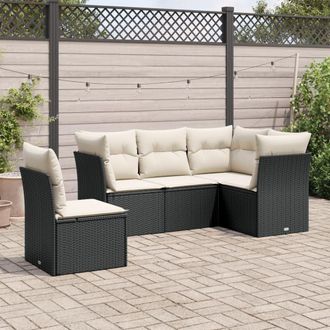 Festnight 5-TLG. Garten-Sofagarnitur Schwarz Poly Rattan, Modulares Outdoor Möbel Set mit Kissen, Stauraum, UV-beständig, wetterfest für Terrasse, Balkon, gemüt