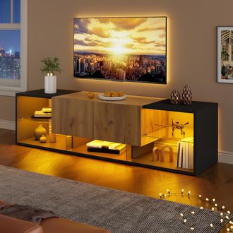 Generic TV-Schrank Schwarz Naturholz 160 cm Lowboard mit Glasboden & LED Beleuchtung f&uuml;r Fernseher bis 70 Zoll Modernes TV-Board mit 2 Schubladen Fernsehtisch