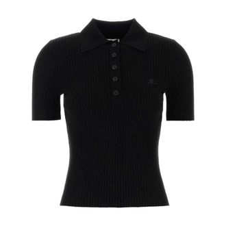 Courr&egrave;ges Polo Iconique en Maille C&ocirc;Tel&eacute;e - Femme - Tops - Noir - Taille: 38 FR