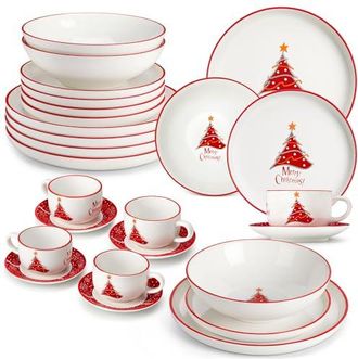 Malacasa Vaisselle de No&euml;l Porcelaine, 30 Pi&egrave;ces Service de Table Complet de Noel avec Assiette noel, Tasse &agrave; Caf&eacute; Adapt&eacute; aux Micro-ondes