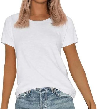Generic Haut pour femme, t-shirt &agrave; manches courtes, confortable en coton, t-shirt l&eacute;ger et respirant, couleur unie, col rond, t-shirt basique d&eacute;contract&eacute;, cla