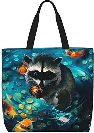 Generic Sac De Courses Peinture DAnimaux Et De Poissons Repr&eacute;sentant Un Raton Laveur Sac &Agrave; Provisions Avec Poign&eacute;es R&eacute;utilisable Sacs En Toile Pour Femmes, Po