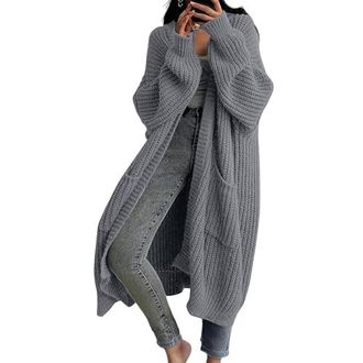 Generic Cardigan &eacute;pais &agrave; capuche ouvert sur le devant en tricot surdimensionn&eacute;, long, tendance, chaud pour femme, gris fonc&eacute;, 5XL