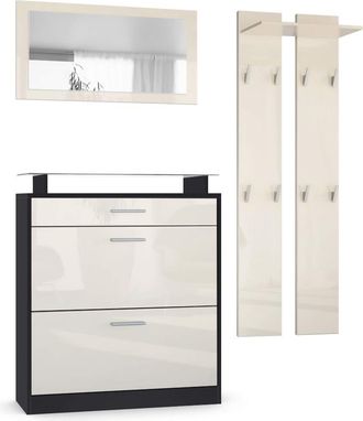 Vladon Garderobe Loret mini, Garderobenset bestehend aus 1 Schuhschrank, 1 Wandspiegel und 2 Garderobenpaneele, Schwarz matt/Creme Hochglanz