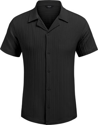 Coofandy Herren Kurzarm Hemd Guayabera Sommerhemd Kubanischer Kragen Hawaii Hemden M&auml;nner Button Down Textured Shirt Schwarz XXL