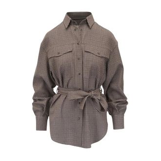 Brunello Cucinelli Femme, Blouses et Chemises, Gris, Taille: 40 FR Chemise &agrave; carreaux en laine vierge avec ceinture