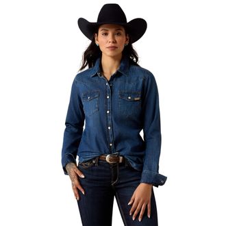 Ariat Womens Farriday Denim Shirt Long Sleeve in Stella, Size 2X-Large, by Ariat