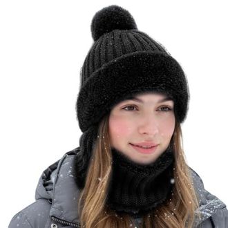 Generic Bonnet pour femme, bonnet tricot&eacute; avec &eacute;charpe de cou - Chapeau mignon tricot&eacute; avec doublure en polaire et cache-oreilles, pour, usage quotidien, rand