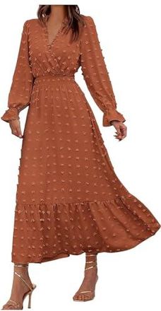 Generic Robes boh&egrave;me 2026 pour femmes, robe longue &agrave; manches longues et col en V, taille haute, coupe trap&egrave;ze, volants, Orange, XXL