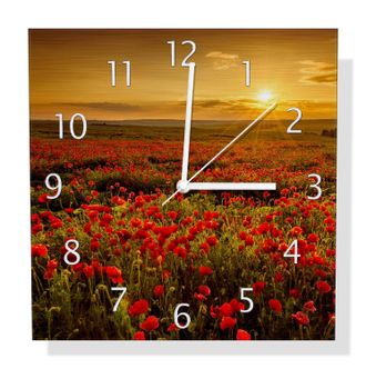 Wallario Design Wanduhr Mohnblumenwiese bei Sonnenuntergang am Abend aus Aluverbund, Alu-Uhr Gr&ouml;&szlig;e 30 x 30 cm, wei&szlig;e Zeiger mit Metalloptik