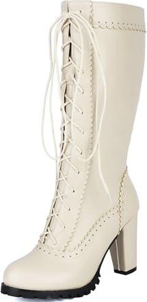 SJJH Bottes mi-longues avec fermeture &eacute;clair lat&eacute;rale | Bottes pour femme pour toutes les saisons, talon de 8,5 cm, la&ccedil;age r&eacute;glable, facile &agrave; porter, beige