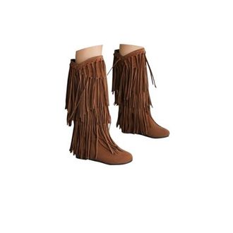 Generic Bottes de cowboy pour femme - Bottes de cowboy à franges pour femme - Bottes dhiver plates en daim - Bottes mi-mollet à franges à talon épais - Bottin