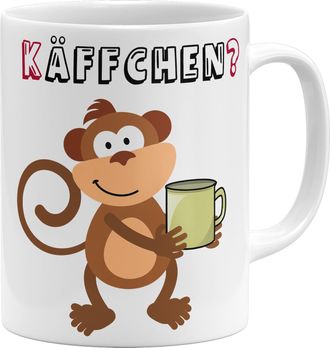 OM3 Käffchen? Lustige Kaffee-Tasse mit Spruch - Affenmotiv Äffchen Affe - Spruchtasse Statement - Keramik Becher - 325ml - Beidseitig Bedruckt - Weiss