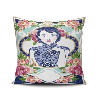 Generic Chinesische Dame In Blau Und Weiß Im Retro-Stil Mit Blume Kissenhüllen Atmungsaktiv Kissenbezug Quadratische Kissenbezüge Für Sofa Schlafzimmer Balkon