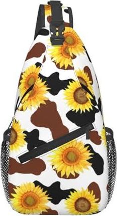 Generic Texture Peau De Vache Brun-Noir Tournesols Sac &Agrave; Bandouli&egrave;re D&eacute;contract&eacute; Sling Bag Pratique Sac Banane Pour Randonn&eacute;e Sport Excursion