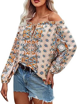 Generic Robes boh&egrave;me d&eacute;t&eacute; 2026 pour femmes, chemise d&eacute;t&eacute; &agrave; imprim&eacute; floral avec noeud sur le devant, beige, M