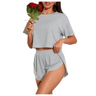 Generic Ensemble de pyjama dété 2 pièces pour femme, vêtements de nuit à manches courtes, ensemble court, gris, XXL