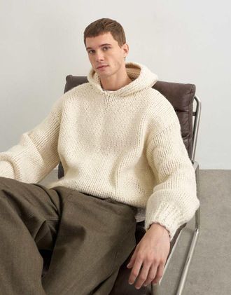 Topman Hoodie mit lockerem Schnitt, handgestrickt, schwer, in Ecru-Wei&szlig;