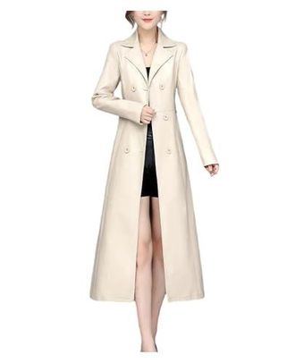 Generic Trench-coat en simili cuir pour femme - Automne Hiver Col Fourrure Double Boutonnage Revers crant&eacute; Long Manteau avec Ceinture, 7, S