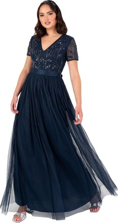 Maya Damen Womens Maxi Ladies Floral Sequin Embellished V-Neck Short Sleeve Tulle Sash Tie Belt Empire A-line Bridesmaid Dress, Navy Blue, 44 EU
