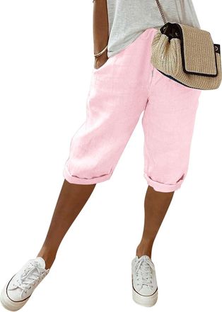 Generic Damen Leinenhose Sommer Knielang Kurze Hosen Leicht und Luftig Locker Hohe Taille Caprihose Elastisch Einfarbig Strandhose Stoffhose Casual Pants mit 