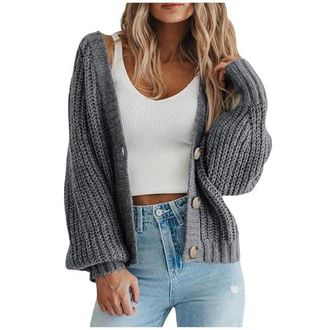 Generic Pull &eacute;pais ouvert sur le devant &agrave; manches longues en tricot boutonn&eacute; pour femme, gris, XXL