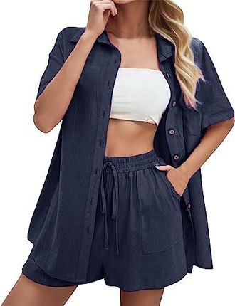 Generic Ensemble 2 pi&egrave;ces pour femme Surv&ecirc;tement de vacances &agrave; la plage assorti 2 pi&egrave;ces avec chemises surdimensionn&eacute;es et shorts d&eacute;t&eacute; 2026, bleu, XXL