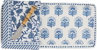 Mud Pie Block Print Tablett, 16,5 x 35,6 cm, Spreizer, 14 cm, Handtuch 53,3 x 35,6 cm, Blau