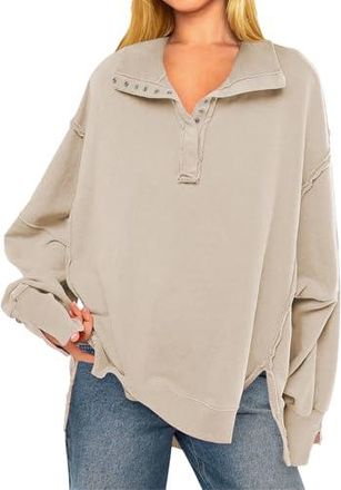 Generic Chandail surdimensionn&eacute; &agrave; manches bouffantes pour femme avec fente lat&eacute;rale et col ras-du-cou, tunique tendance pour printemps et automne, abricot, XL