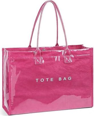 Generic Sac &agrave; main en PVC pour femme - Grand sac en plastique - Sac &agrave; bandouli&egrave;re avec motif de lettres en papier kraft, Rose fonc&eacute;, 480.00x260.00x220.00mm/18