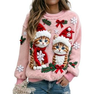 Generic Sweat-Shirt de No&euml;l en Flanelle avec imprim&eacute; Chat pour Femme, Style d&eacute;contract&eacute;, &eacute;l&eacute;gant, Doux et Chaud, Pull de No&euml;l Fantaisie &agrave; col Rond, Haut de Va