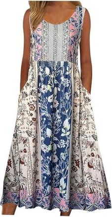 Generic Robes boh&egrave;me 2026 pour femmes, robe imprim&eacute;e d&eacute;contract&eacute;e, sans manches, col rond, poche ample, blanc, XXL