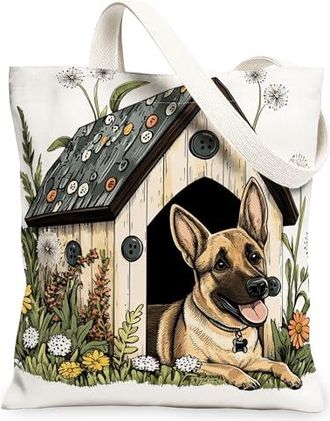 Generic Sac fourre-tout en toile motif chien malinois belge printanier 33 x 38,1 cm, niche amusante pour chiot, sac d&eacute;picerie r&eacute;utilisable pour femme, animal 