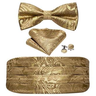 Barry.Wang Cummerbund Ensemble noeud papillon en soie pour homme avec boutons de manchette carr&eacute;s pr&eacute;-nou&eacute;s, dor&eacute;, taille unique