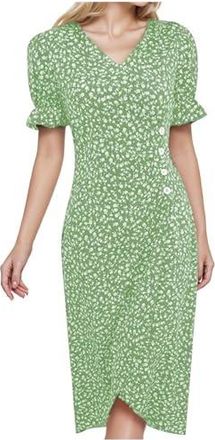 Generic Robe d&eacute;t&eacute; d&eacute;contract&eacute;e pour femme avec manches bouffantes et col en V &agrave; lourlet, vert, XXL