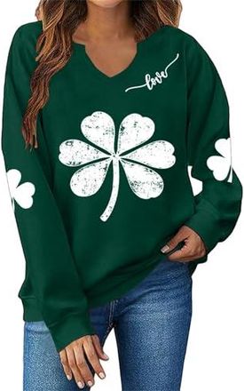 Generic Sweat-shirt de la Saint-Patrick pour femme - Imprim&eacute; tr&egrave;fle irlandais - Fantaisie - Grande taille - Haut &agrave; manches longues - Col en V - Tr&egrave;fle irlanda