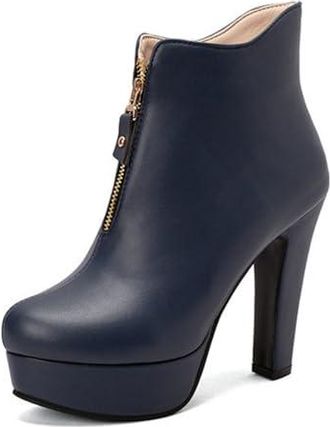 Generic Bottines Chelsea à talon épais et plateforme à bout rond pour femme avec fermeture éclair sur le devant, chaussures dhiver polyvalentes, bleu, 38.5 EU